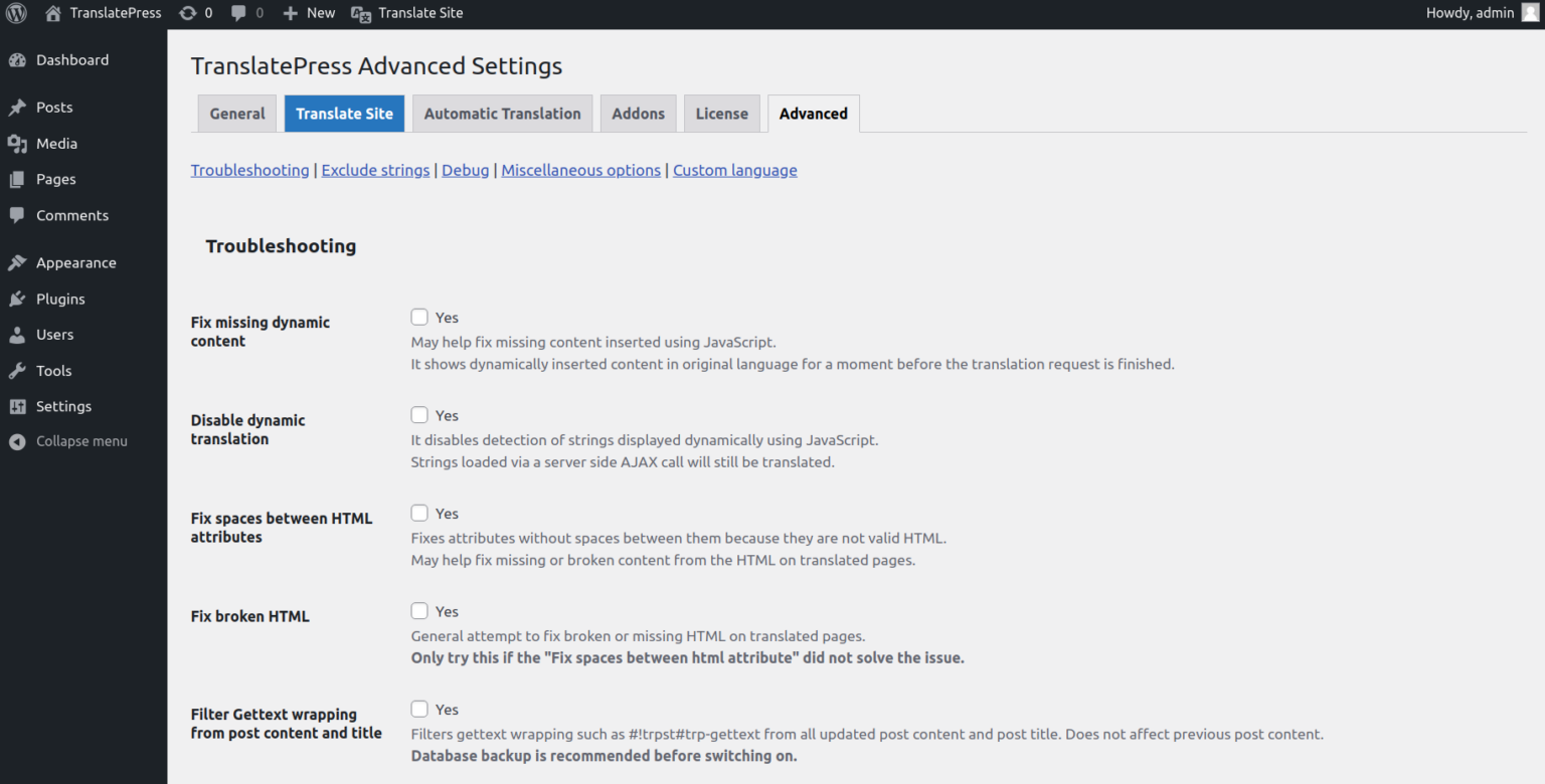 Advanced Settings - TranslatePress