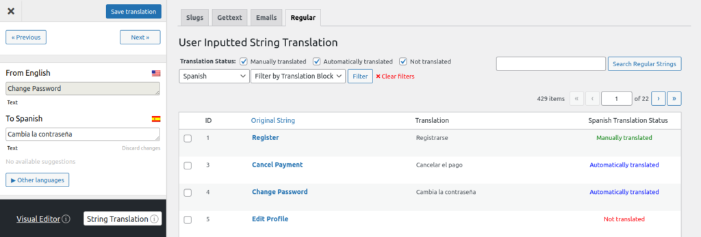 String Translation Translatepress